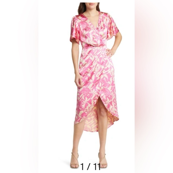 Chelsea28 | Dresses | Chelsea28satin Faux Wrap Midi Dress In Pink Beige ...